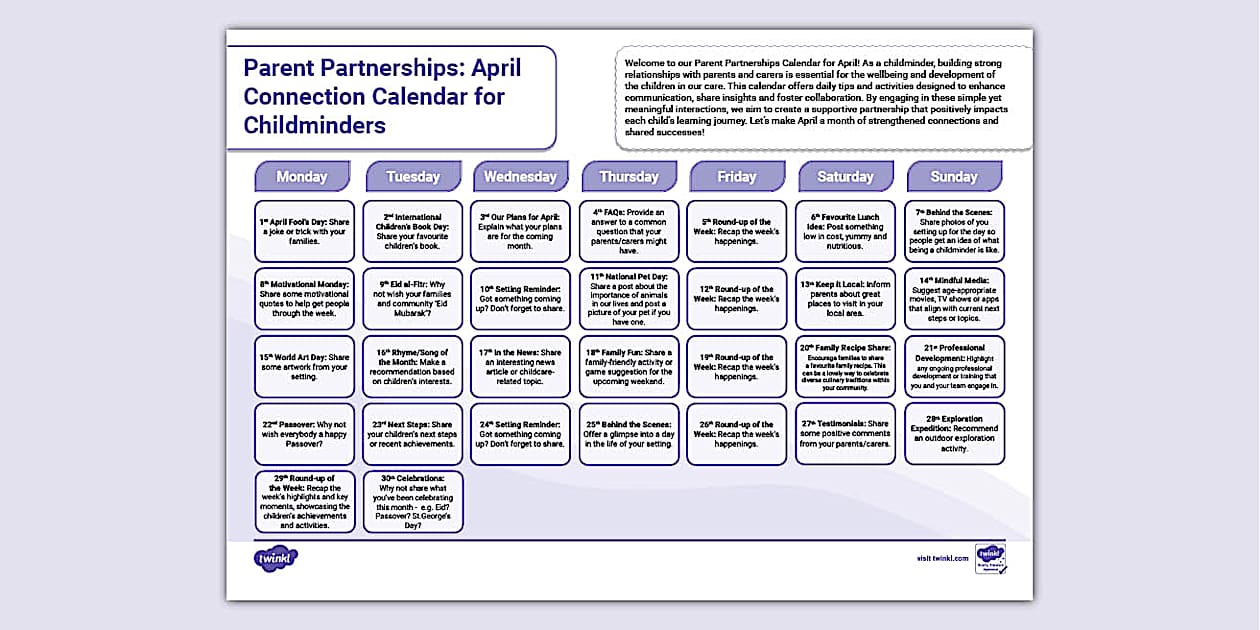 Parent Partnerships: April Connection Calendar for Childminders