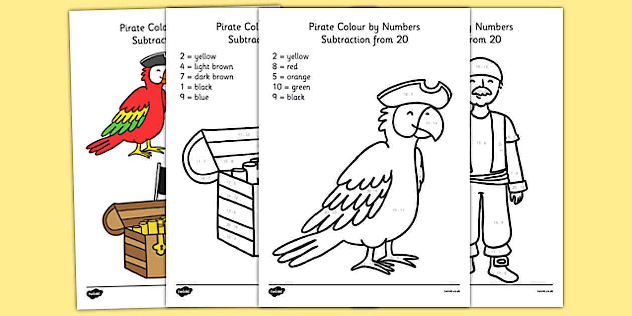 Pirate Themed Subtraction From 20 Colour by Numbers - Twinkl