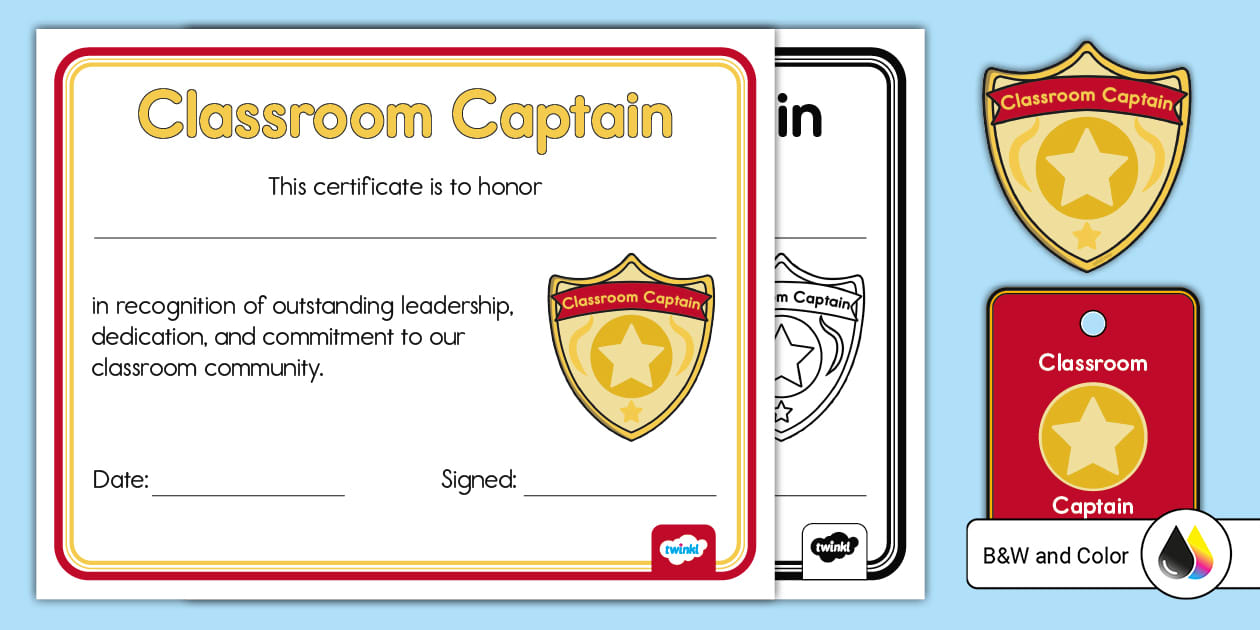 Classroom Captain Badge, Lanyard, and Certificate Set
