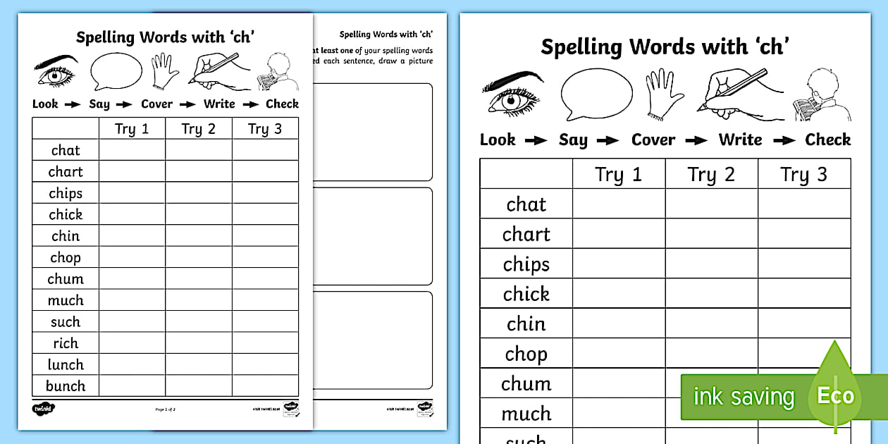 Editable 'ch' Spelling List Worksheets (teacher made)