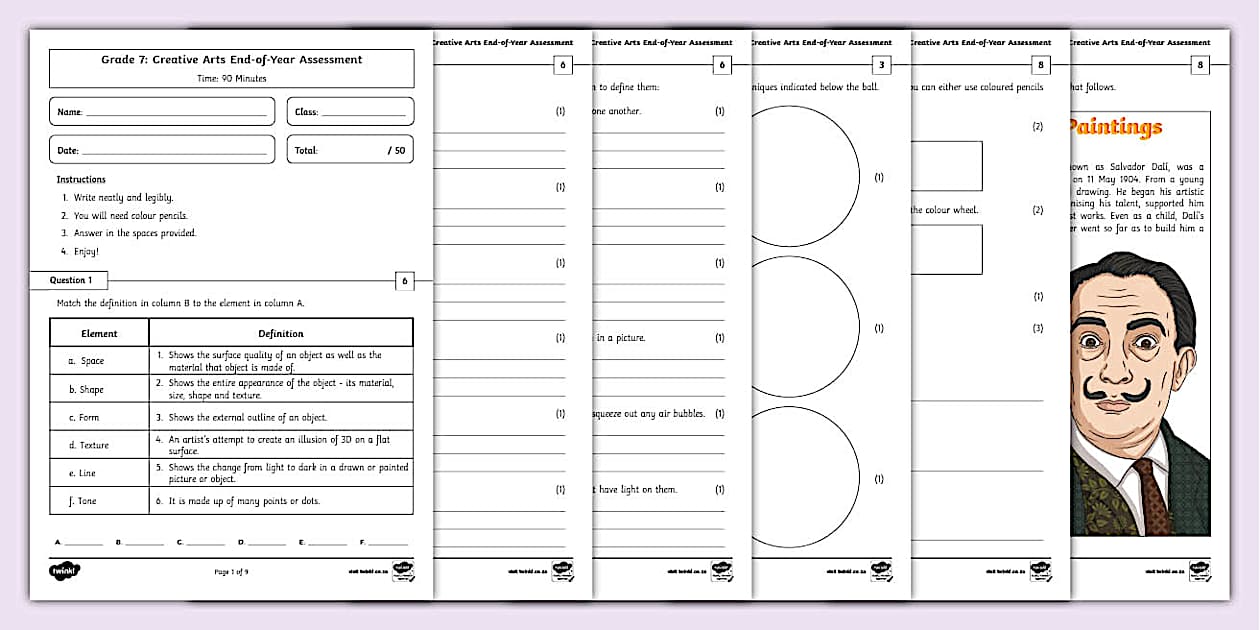 Grade 7 Creative Arts End-of-Year Exam (teacher made)