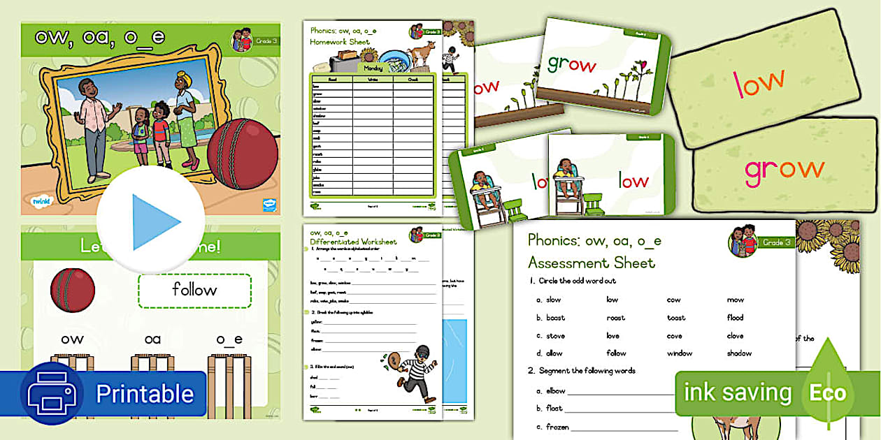 Grade 3 Phonics: ow, oa o_e: Resource Pack (teacher made)
