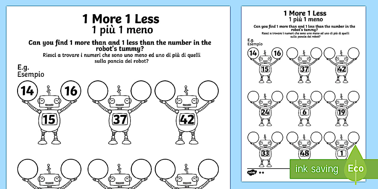 1 more 1 less Robots Worksheet / Worksheet English/Italian - 1 More 1 Less