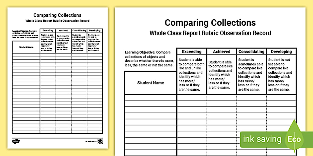 Editable Comparing Collections EYLF Assessment Rubric/Guide to Making