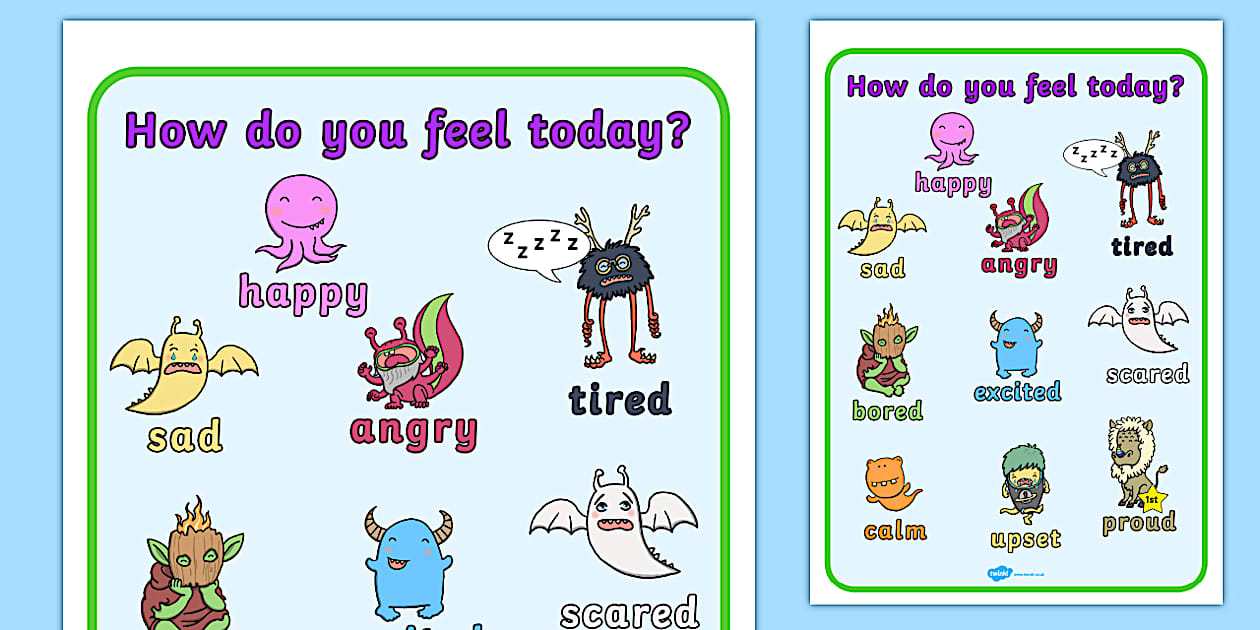Black and White How Do You Feel Today? Monsters Emotions Chart