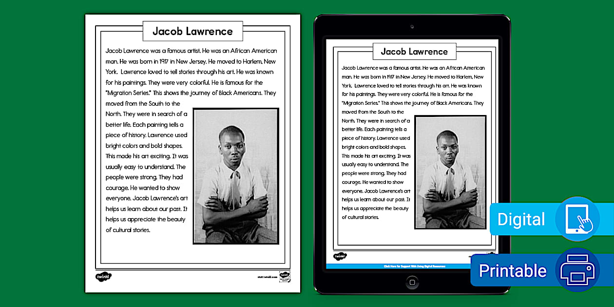 First Grade Jacob Lawrence Reading Comprehension Worksheet