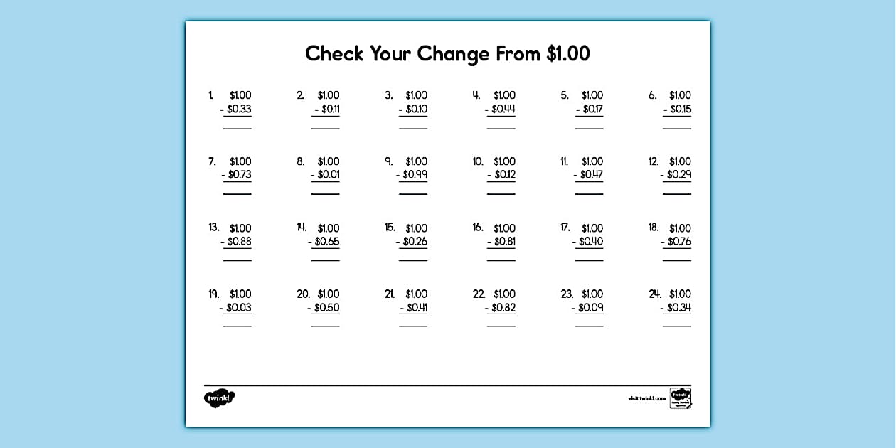 Check Your Change From $1.00 Activity Sheet (teacher made)