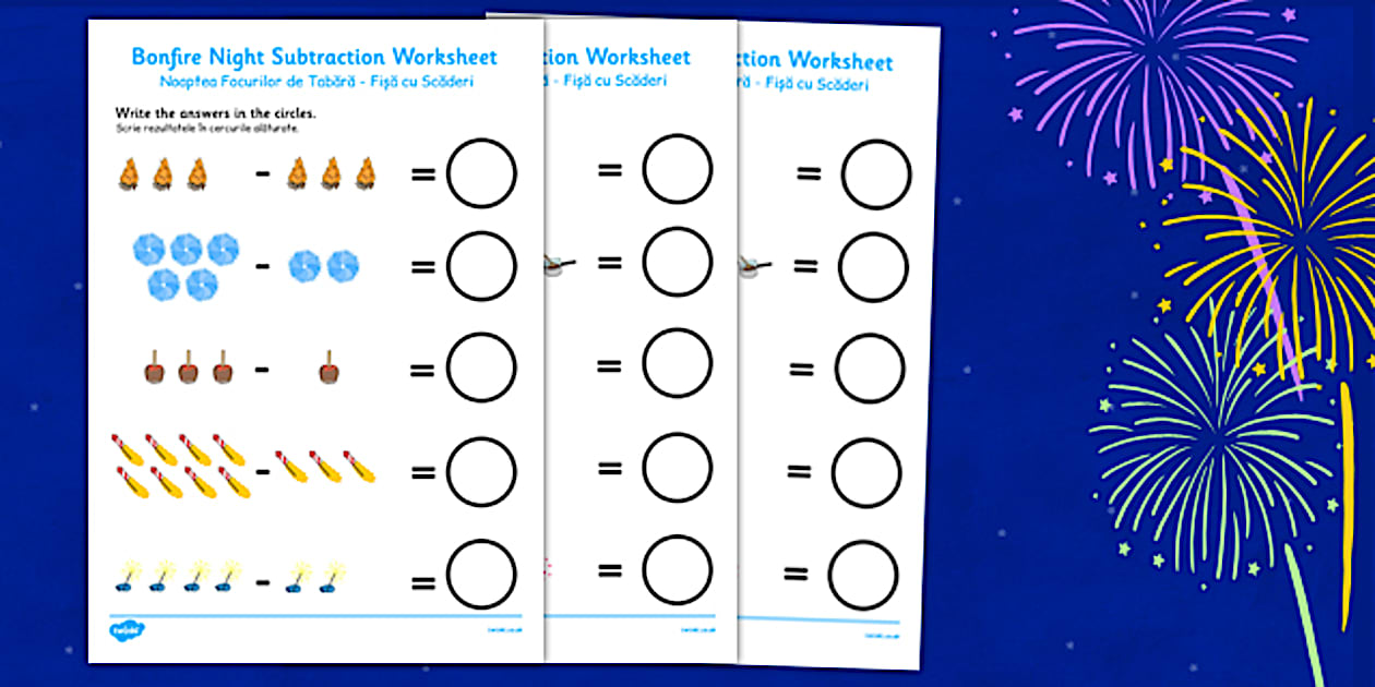 Bonfire Night Fireworks Subtraction Sheet Romanian Translation - romanian