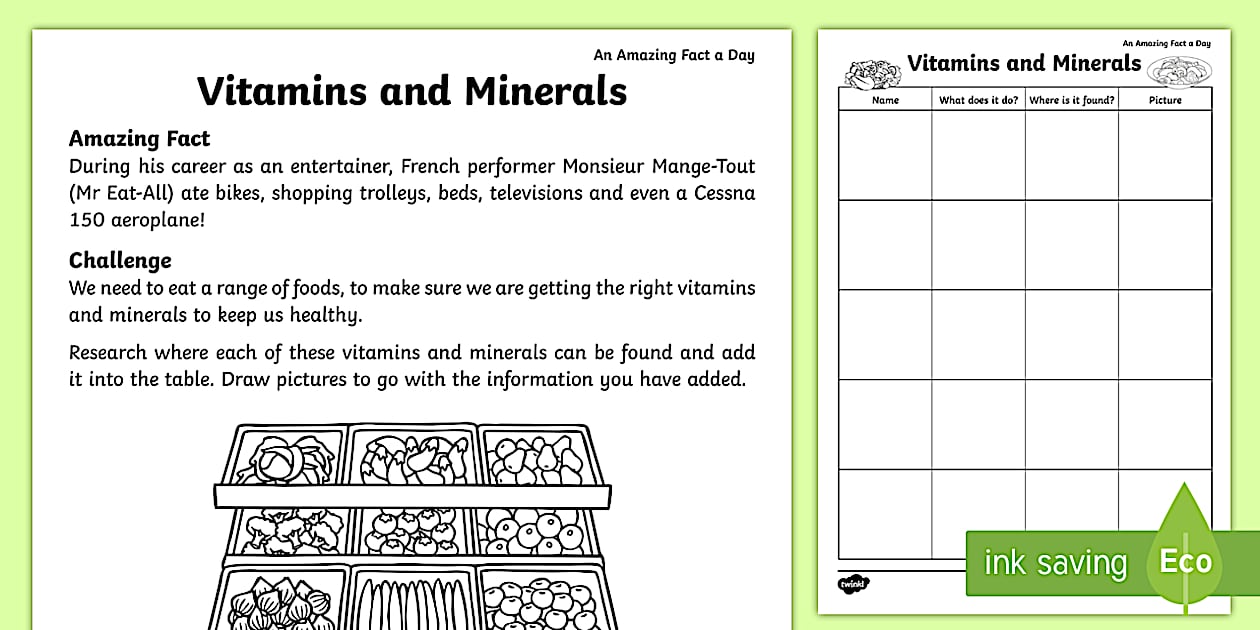 Healthy Eating Vitamins and Minerals Worksheet, teacher-made