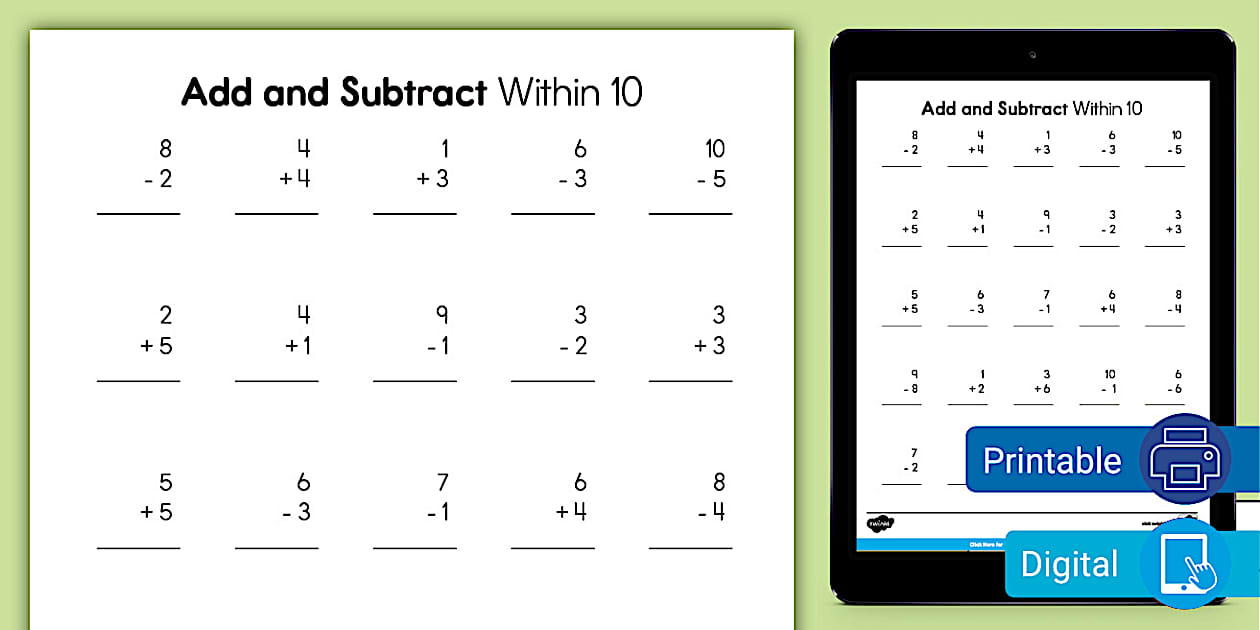 Add and Subtract Within 10 Worksheets | Twinkl USA - Twinkl