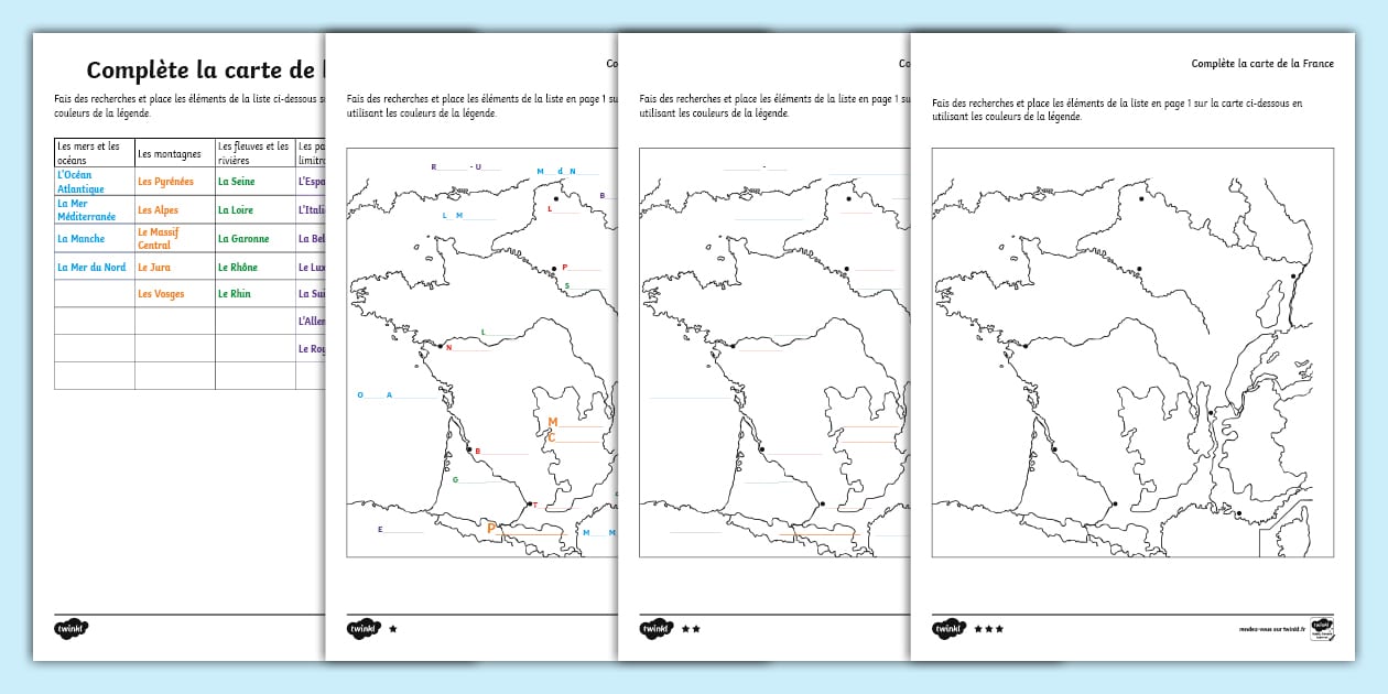 Complète la carte de France - 3 niveaux de difficulté