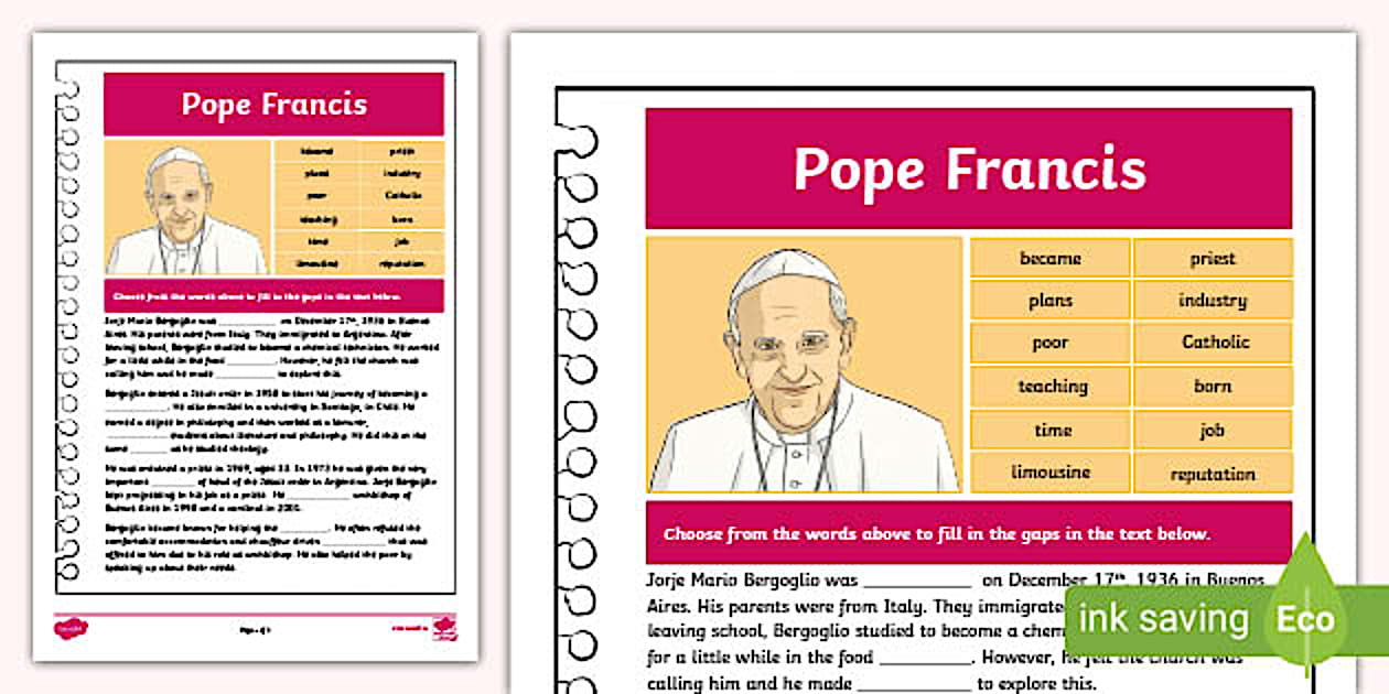 Pope Francis Cloze Procedure Catholic Schools Week - Twinkl