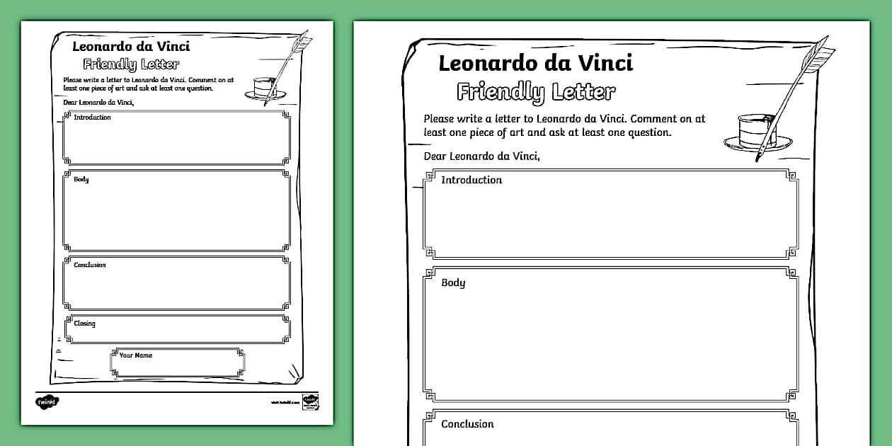 Leonardo da Vinci Friendly Letter Worksheet for 3rd-5th Grade