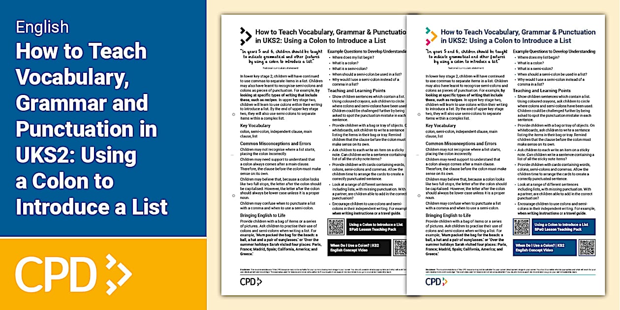 How to Teach Vocabulary, Grammar and Punctuation in UKS2: Using a Colon to