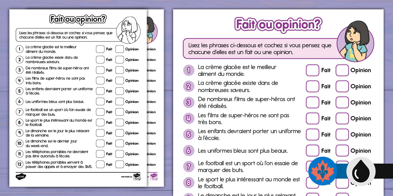 Fact or Opinion? Paper Quiz French (Hecho por educadores)