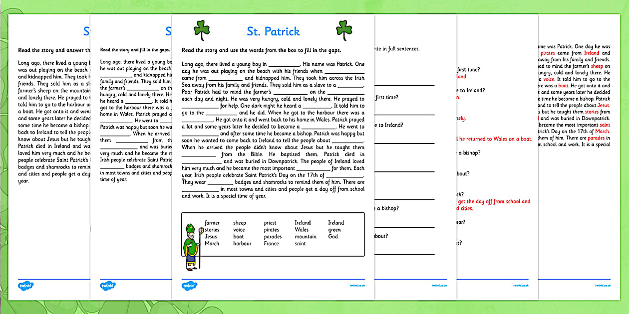 Saint Patrick Comprehension Activities First and Second Class