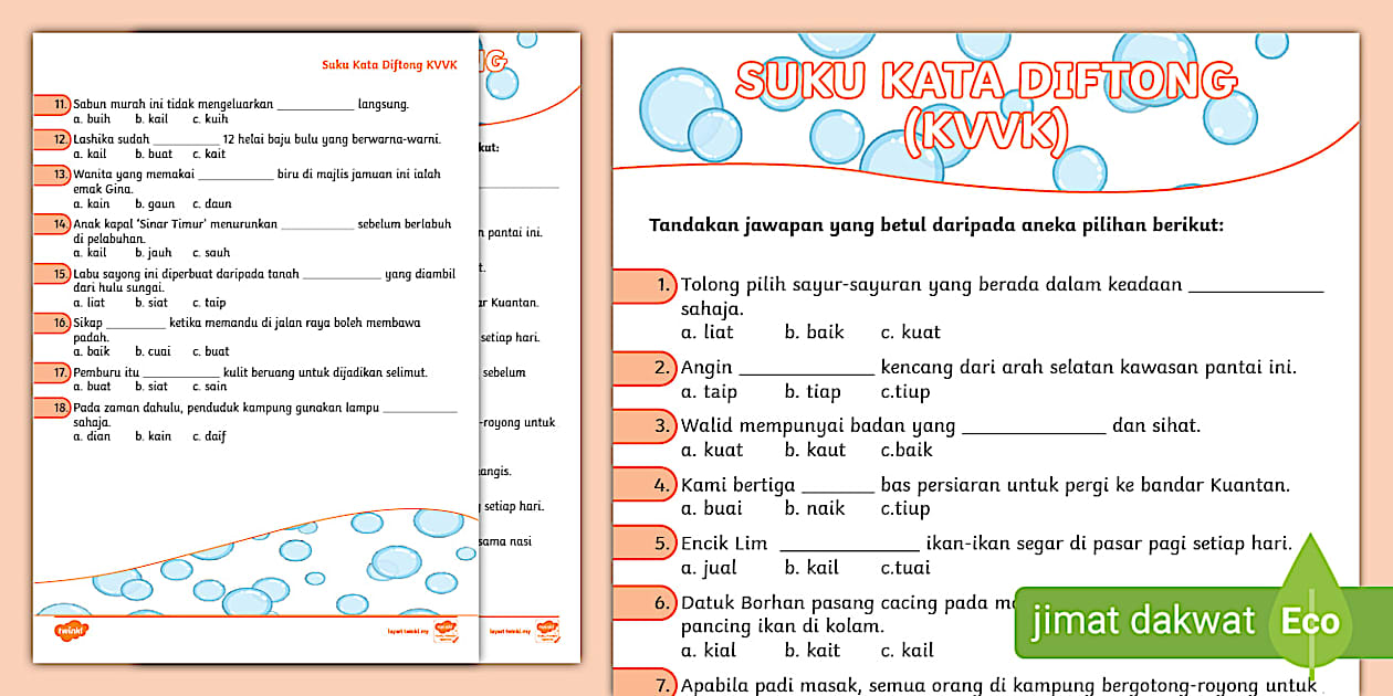Lembaran Kerja 2 - Suku Kata Diftong (KVVK) - Twinkl