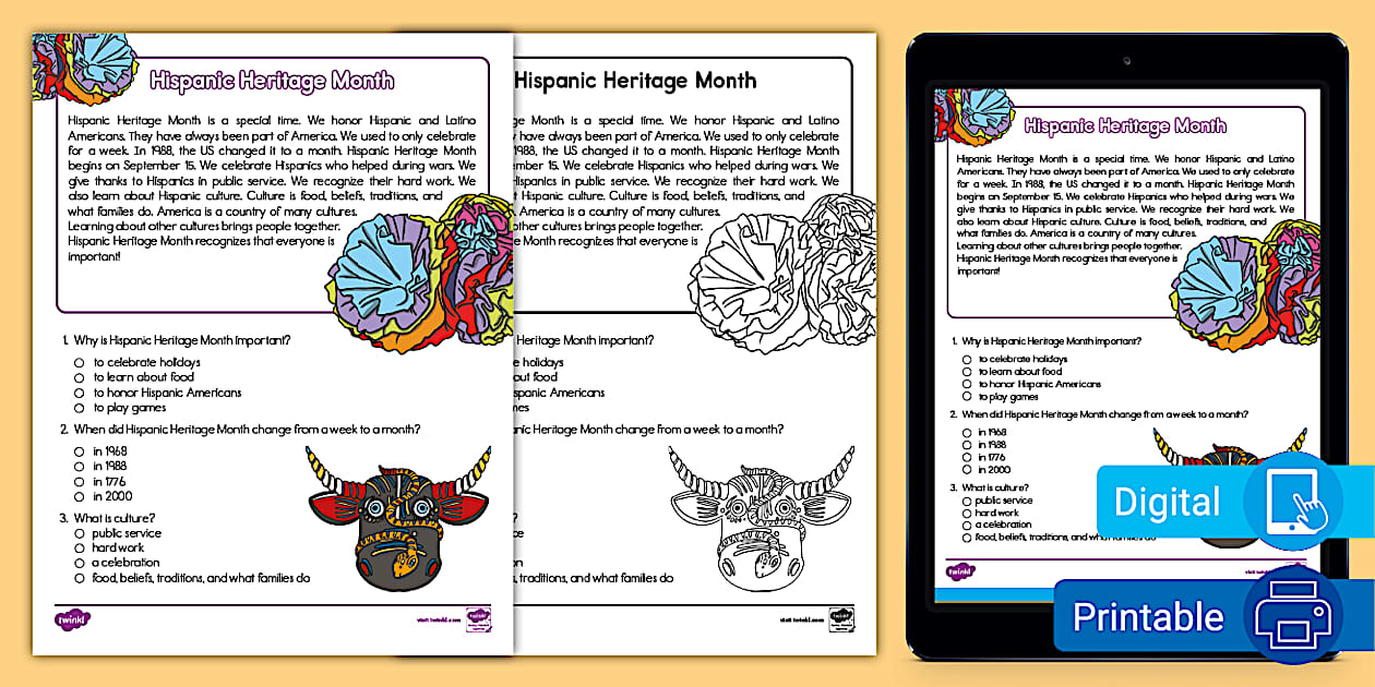 Hispanic Heritage Month Reading Passage Comprehension