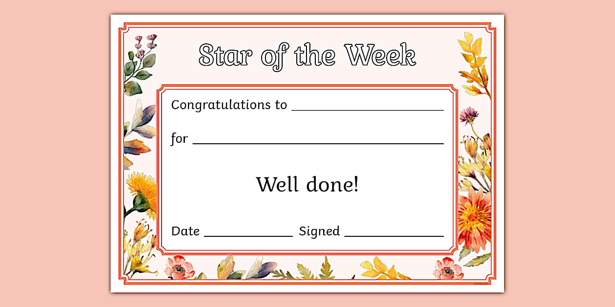 Wildflower Botanical Themed Star of the Week Certificate