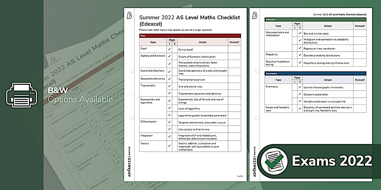 👉 AS Maths Advance Information 2022 - Edexcel Checklist