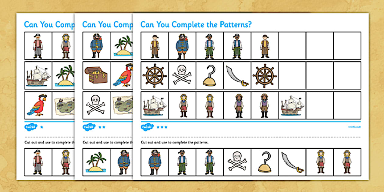 Black and White Pirates Complete the Pattern Differentiated Worksheet