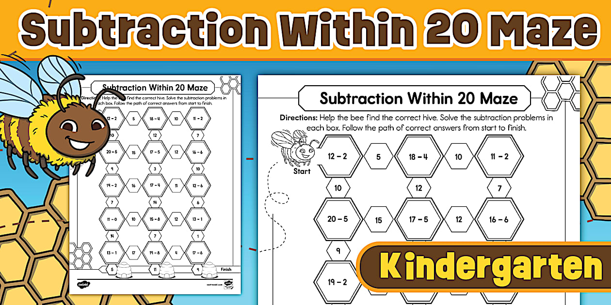 Kindergarten Subtraction Within 20 Maze Worksheet