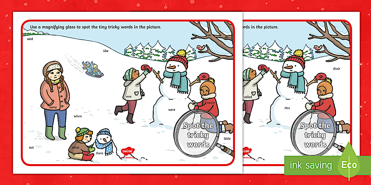 Phase 4 and 5 Tricky Words Christmas Scene Magnifying Glass Worksheet