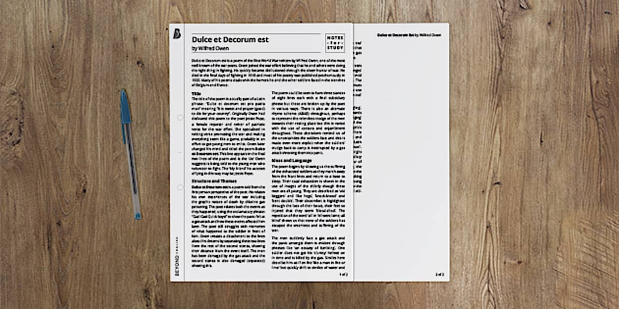 GCSE Poetry Notes for Study - Dulce et Decorum est - Twinkl