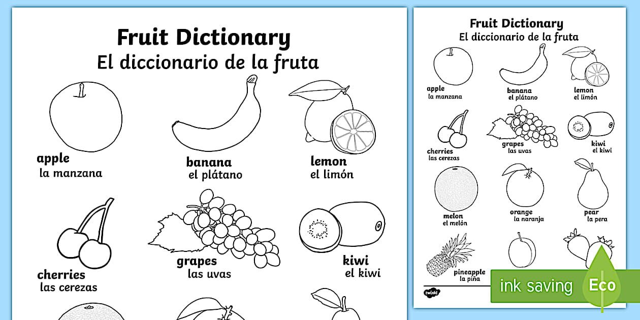 Fruit Dictionary Words Coloring Sheet English/Spanish - Fruit Dictionary