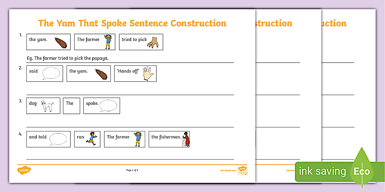 Sentence Construction Worksheets to Support Teaching on The YamThat Spoke