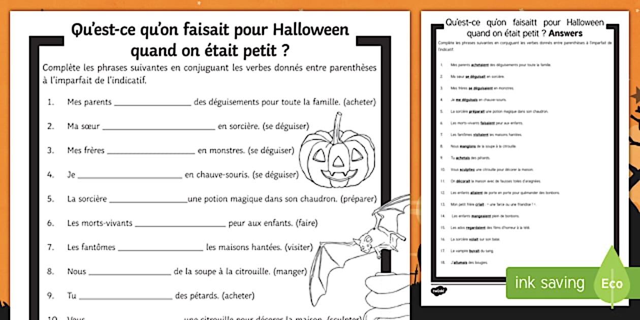 Halloween Imperfect Tense Gap Fill Worksheet / Worksheet-French, worksheet