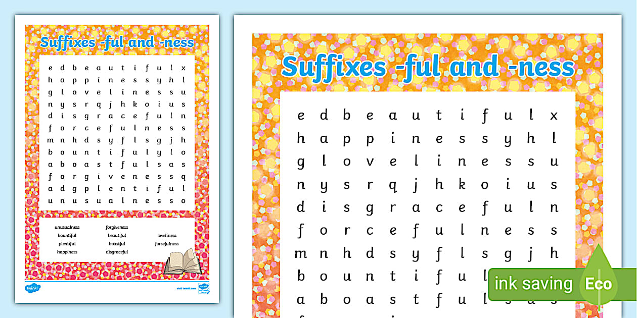 Words Ending in -ful and -ness Word Search (teacher made)