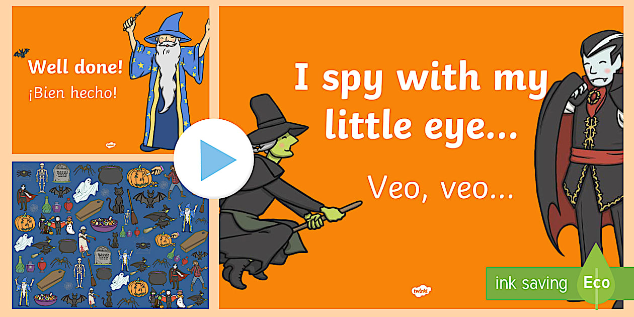 Halloween I Spy Worksheet / Worksheet and PowerPoint Pack English/Spanish