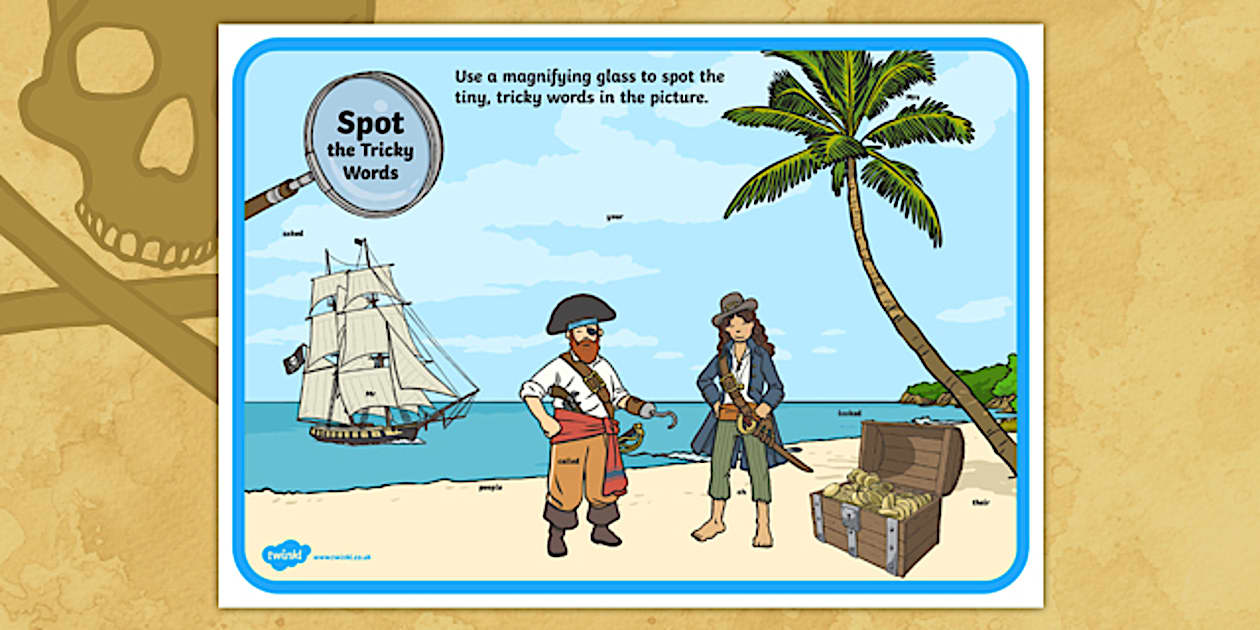 Black and White Phase 5 Tricky Words Pirate Ship Scene Magnifying Glass