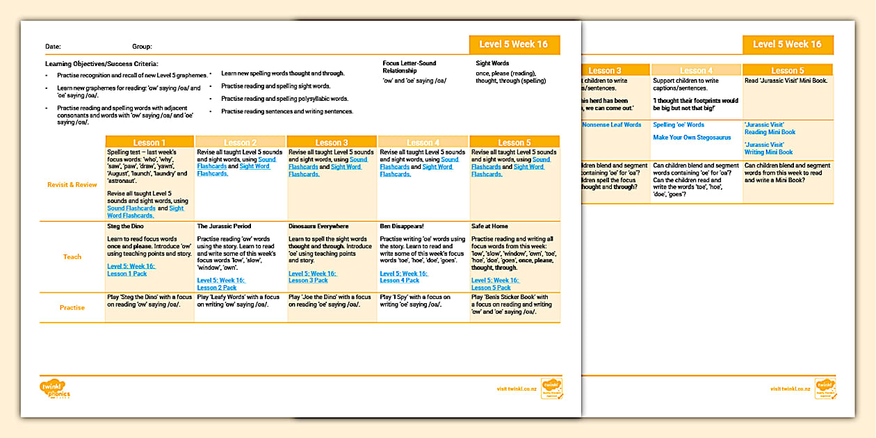 Phonics Level 5 Week 16 Weekly Plan 'ow' and 'oe' saying /oa/