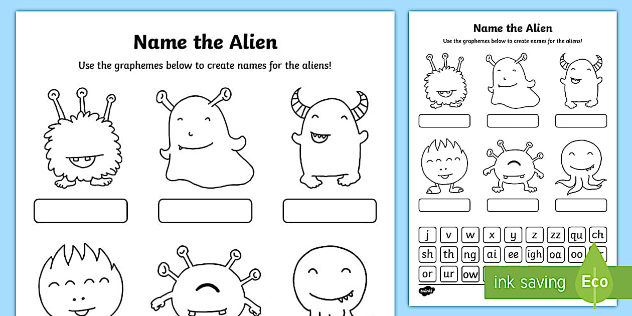 Editable Phase 3 Phonics Name the Alien Worksheet - Twinkl