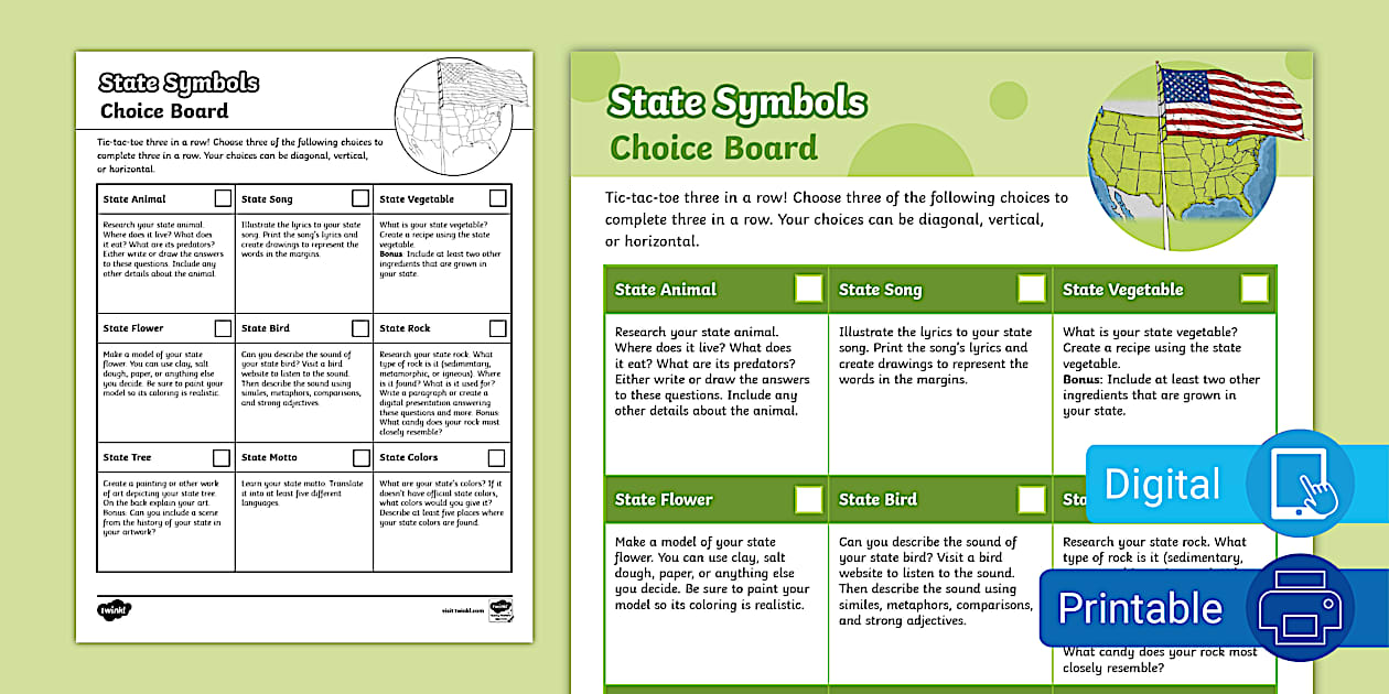 Social Studies: State Symbols Choice Board (teacher made)