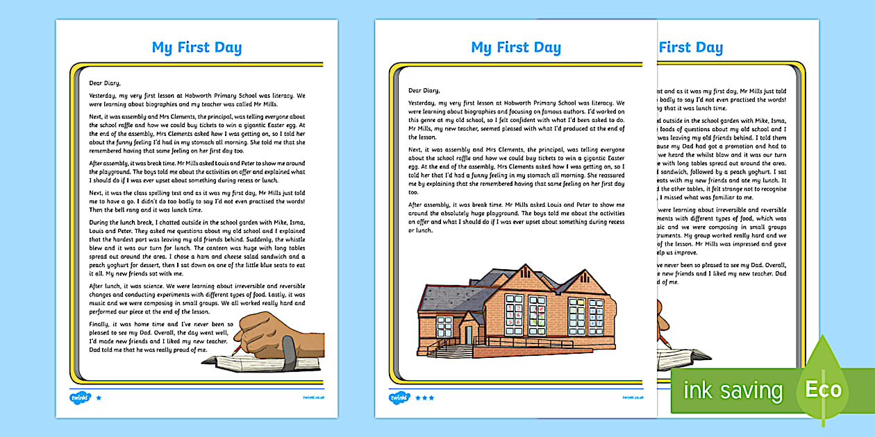 Higher Ability My First Day Recount Writing Sample - Twinkl