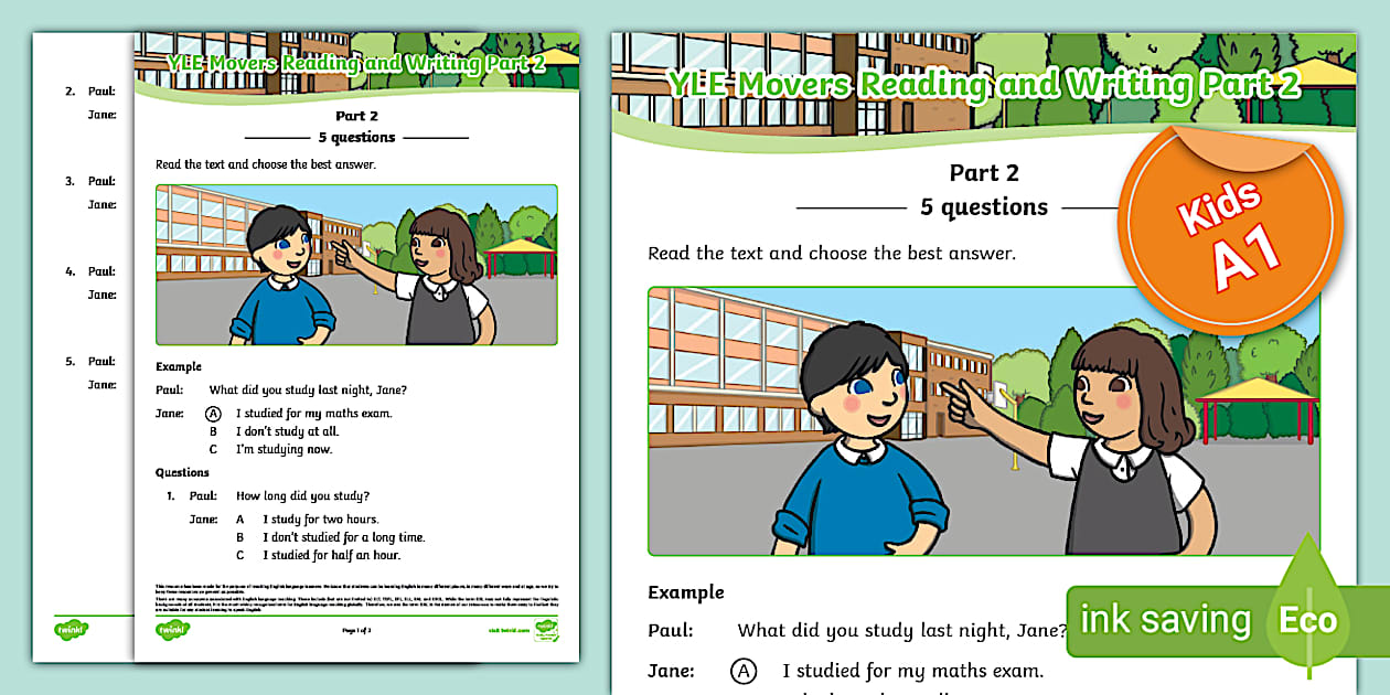 YLE Movers - Reading and Writing Part 2 - Practice Sheet (School) [A1]