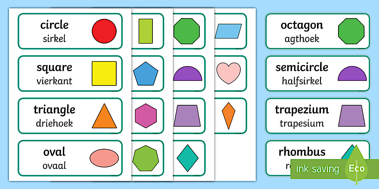 2D Shape Word Cards English/Afrikaans (Teacher-Made)