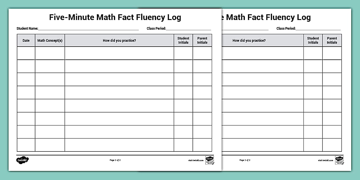 Five-Minute Math Fact Fluency Log for 6th-8th (teacher made)