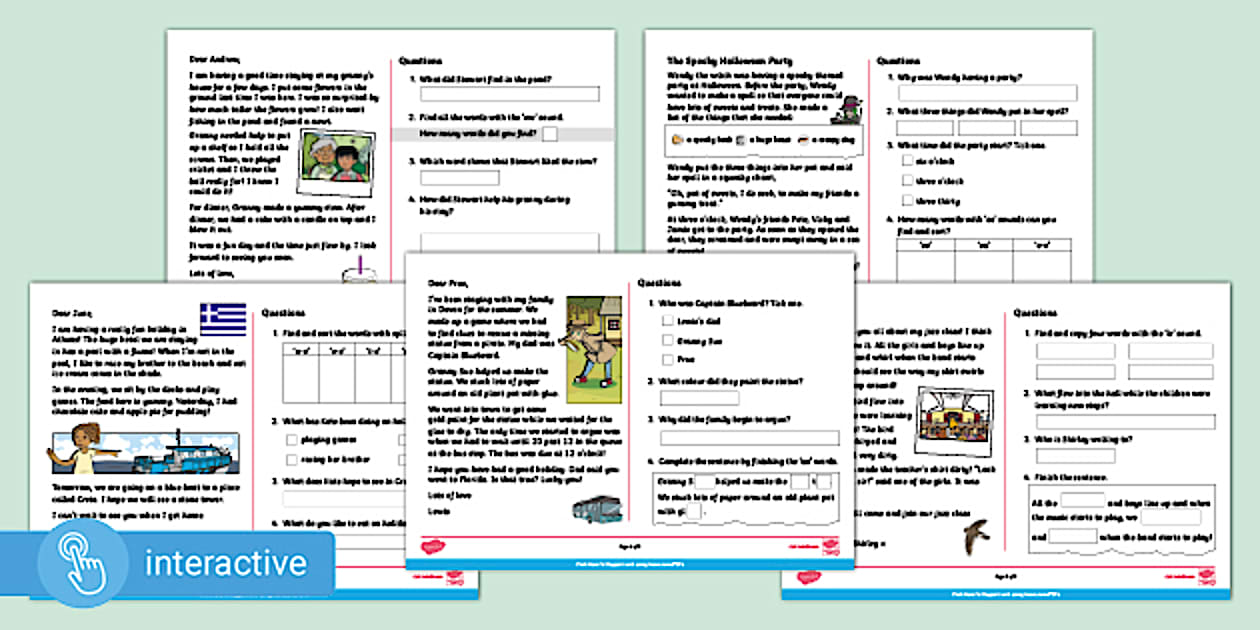 Interactive PDF: Phase 5 Phoneme Spotter Phonics Comprehension Worksheets