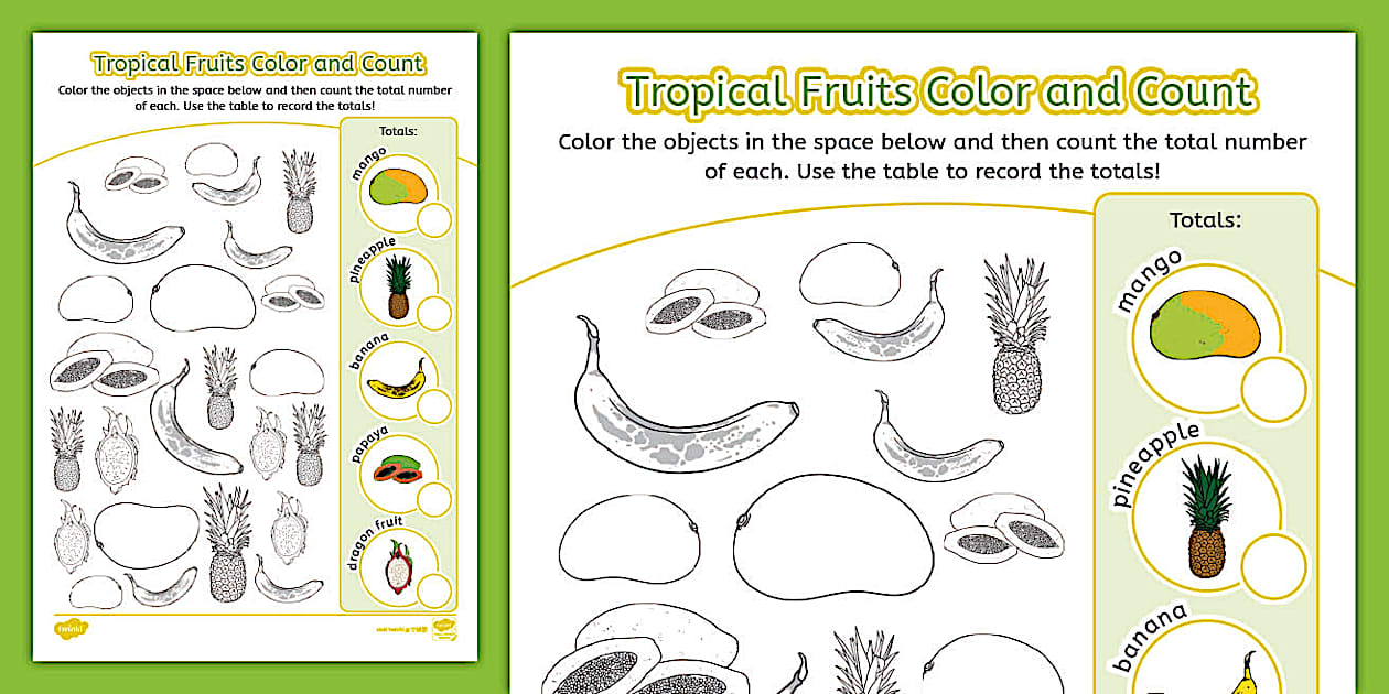 Tropical Fruits Color and Count Worksheet - Twinkl