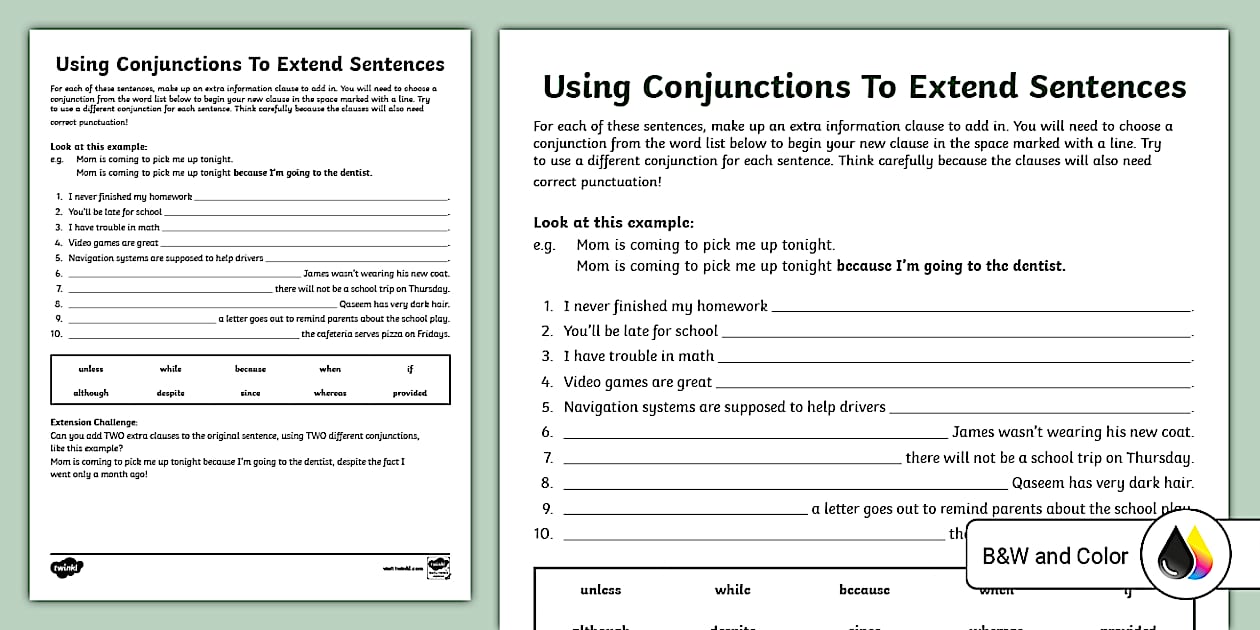 Using Conjunctions To Extend Sentences Worksheet 6th-8th