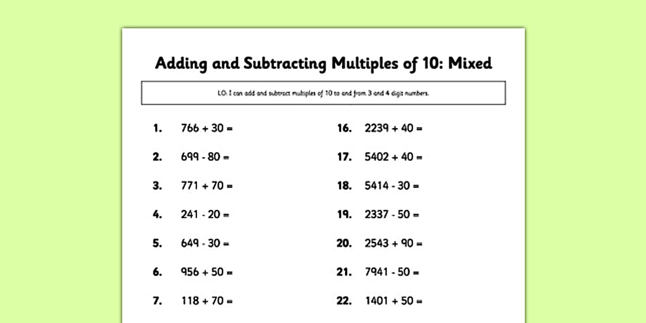Adding and Subtracting Multiples of 10 Worksheet - Twinkl