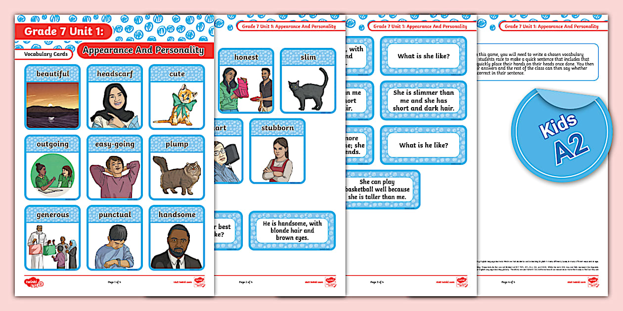 Turkey Curriculum English Vocabulary Cards: Grade 7 Unit 1 (Appearance and