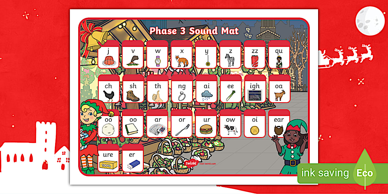 Cursive Elf Themed Phase 3 Sound Mat (Hecho por educadores)