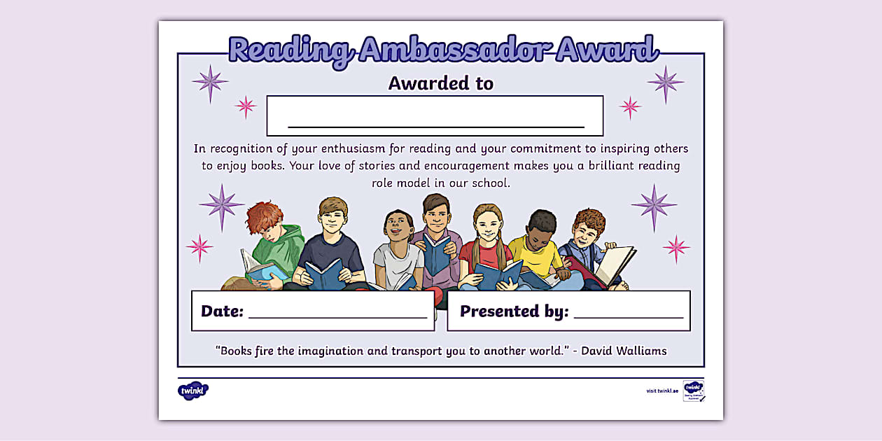Reading Ambassador Certificate (teacher made) - Twinkl