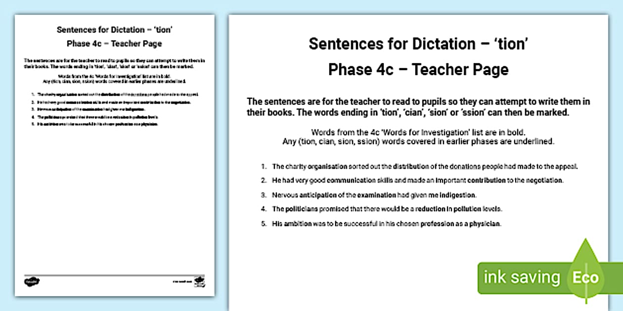 Linguistic Phonics Phase 4c 'tion' Dictation Sentences Teacher Worksheet