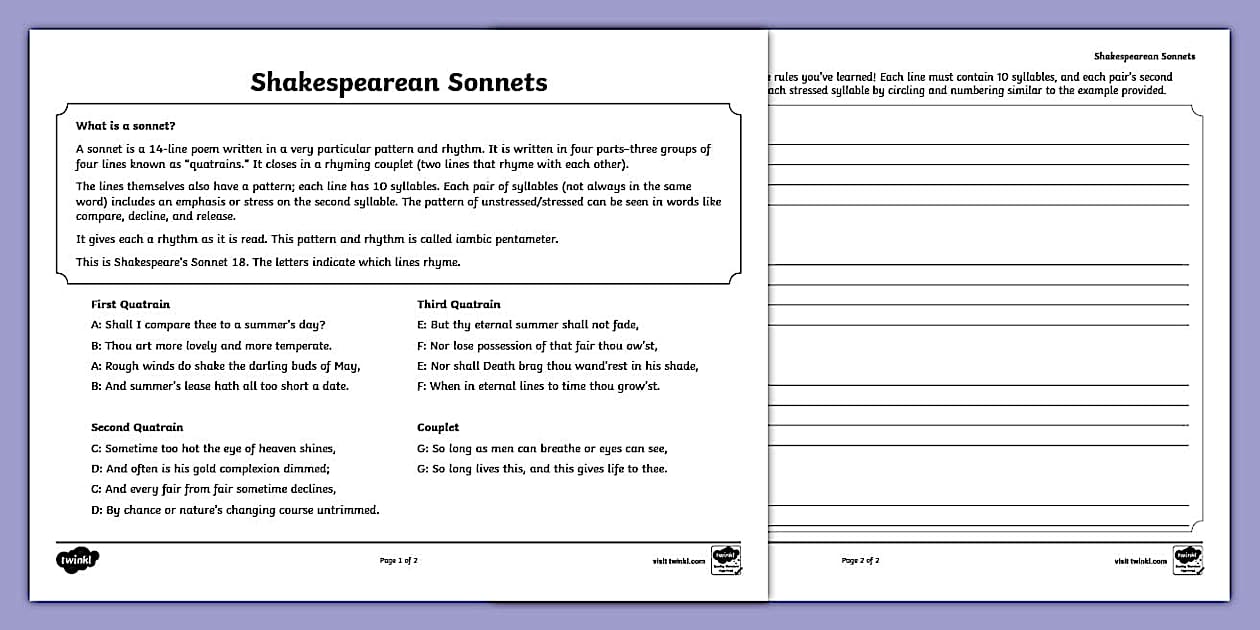 Shakespearean Sonnet Writing Worksheet for 6th-8th Grade